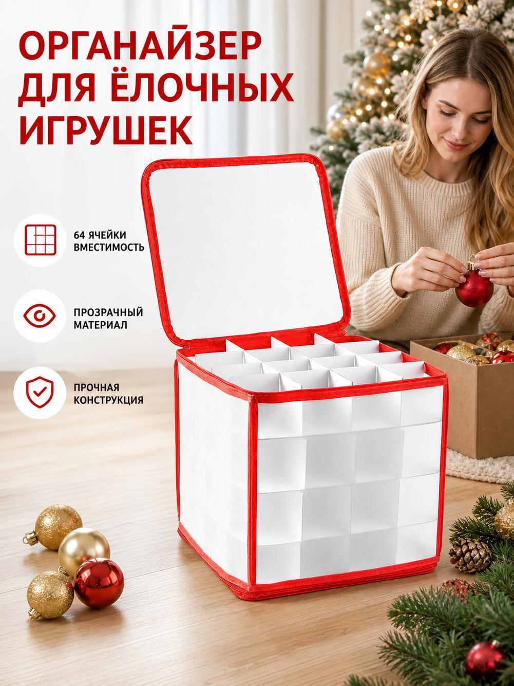 Органайзер для новогодних шаров 64 ячейки, гофрированная вставка, контейнер PP