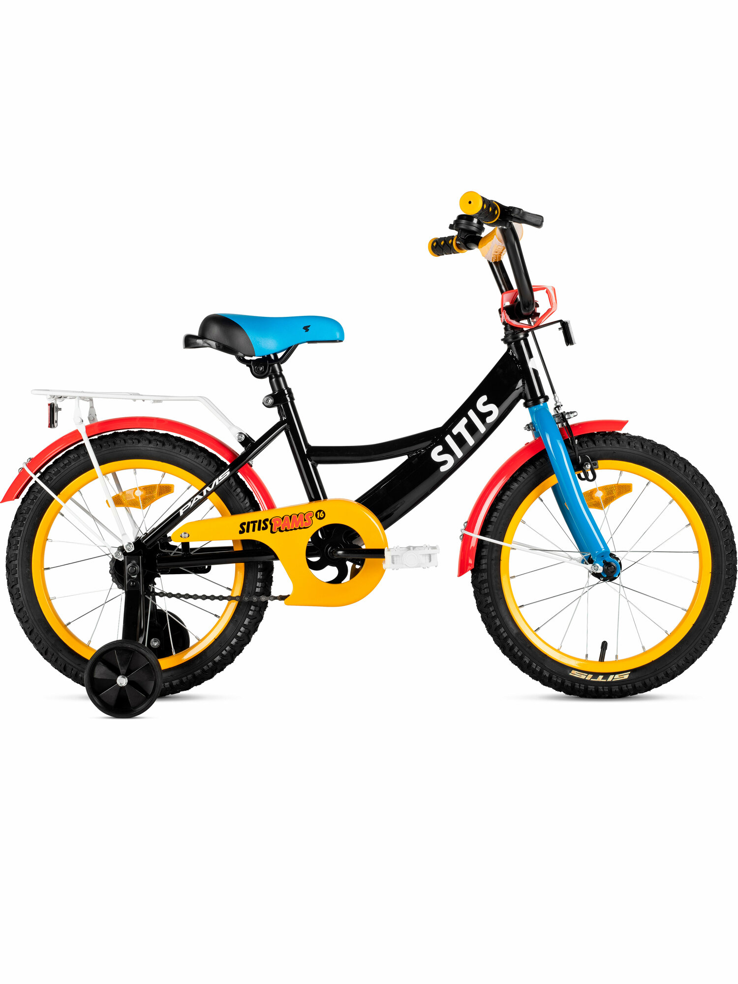 Велосипед городской SITIS PAMS 16 (2025) Black-Blue-Yellow/черный-голубой-желтый, для детей на рост 110-125 см