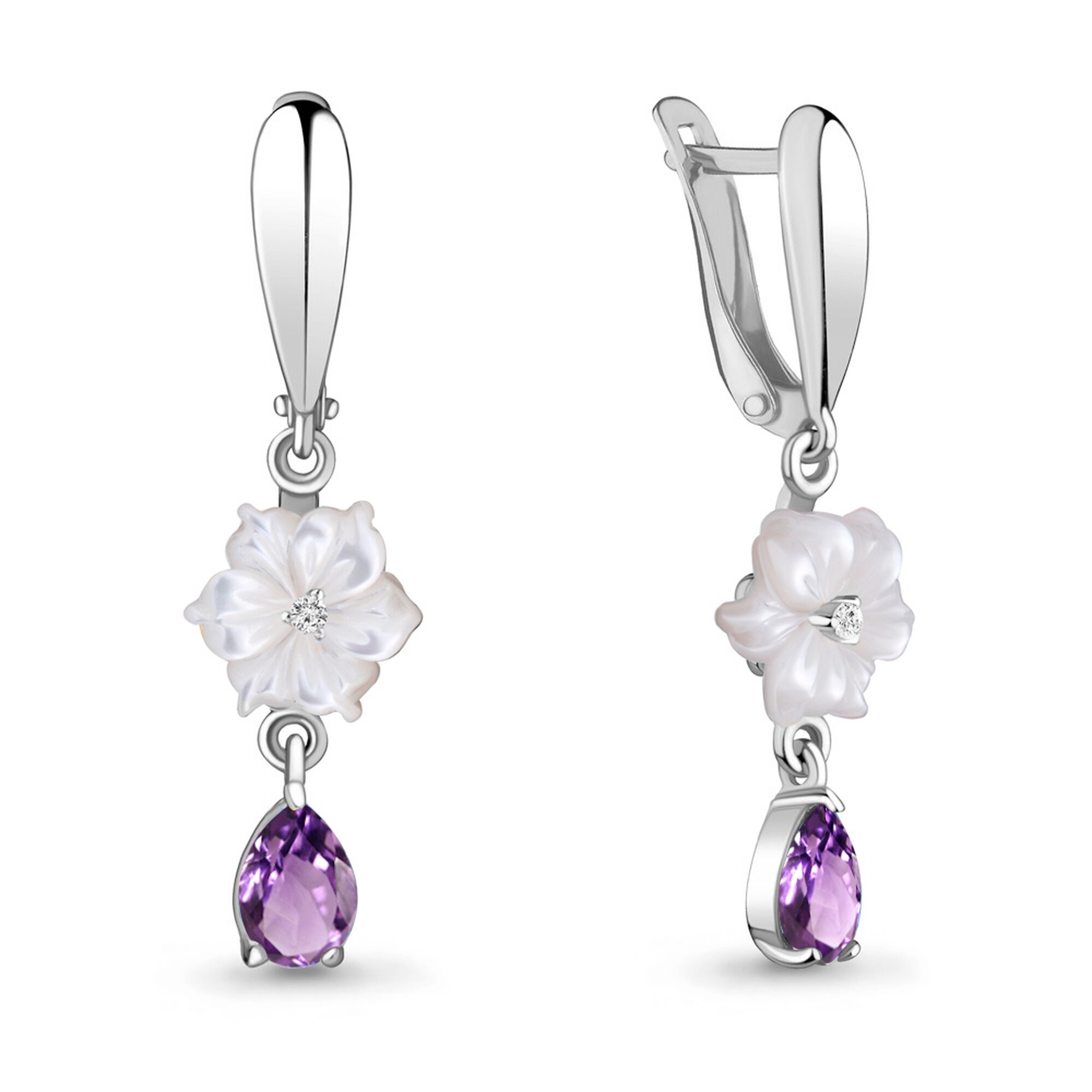 Серьги, серебро, 925 проба, родирование, перламутр, аметист, фианит