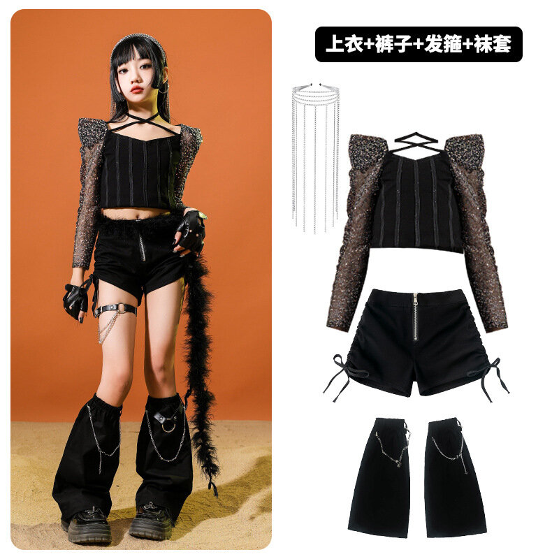 Костюм для джазовых танцев "Звездные подиумы", для девочек, 160 см, черный, с серебристым обручем для волос