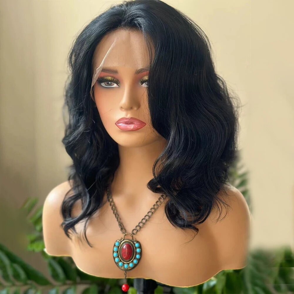 Черный короткий парик Боб Синтетические кружевные парики Глубокая волна Черный парик 13X4 Парик шнурка Короткие объемные волны Парики для женщин Ежедневное использование Косплей Вечеринка