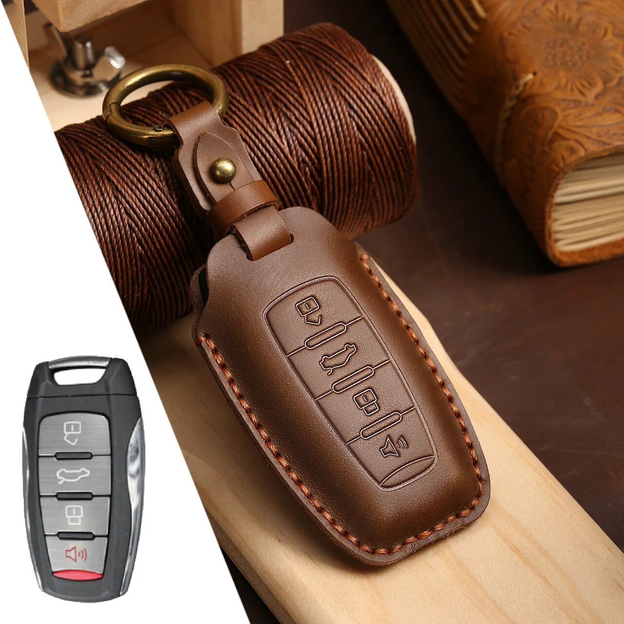 Чехол для автомобильного ключа, кожаный чехол с 4 кнопками для Haval Jolion H6 H7 Speak Lock Brown