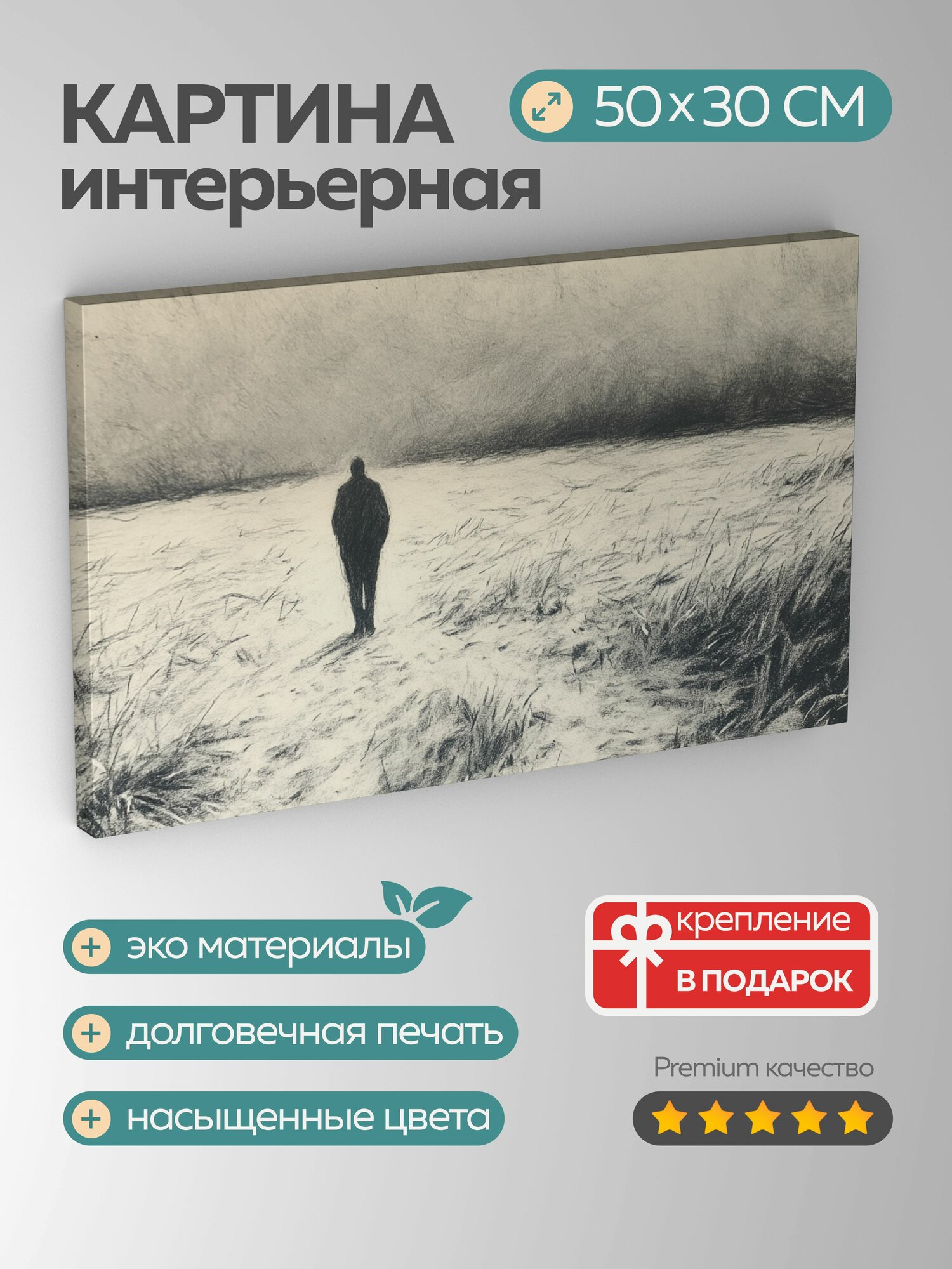Картина на холсте интерьерная 50х30 см, картина, уголь, одинокая фигура, иней, луг, утро, свет, тень, покой