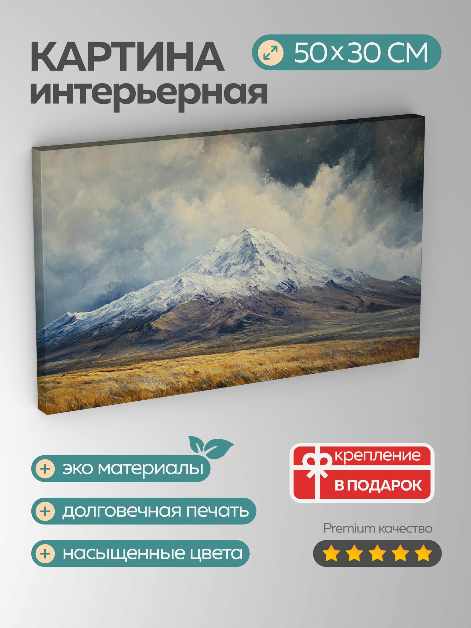 Картина на холсте интерьерная 50х30 см, гора Арарат, акриловые краски, заснеженные вершины, угрюмое небо, величие