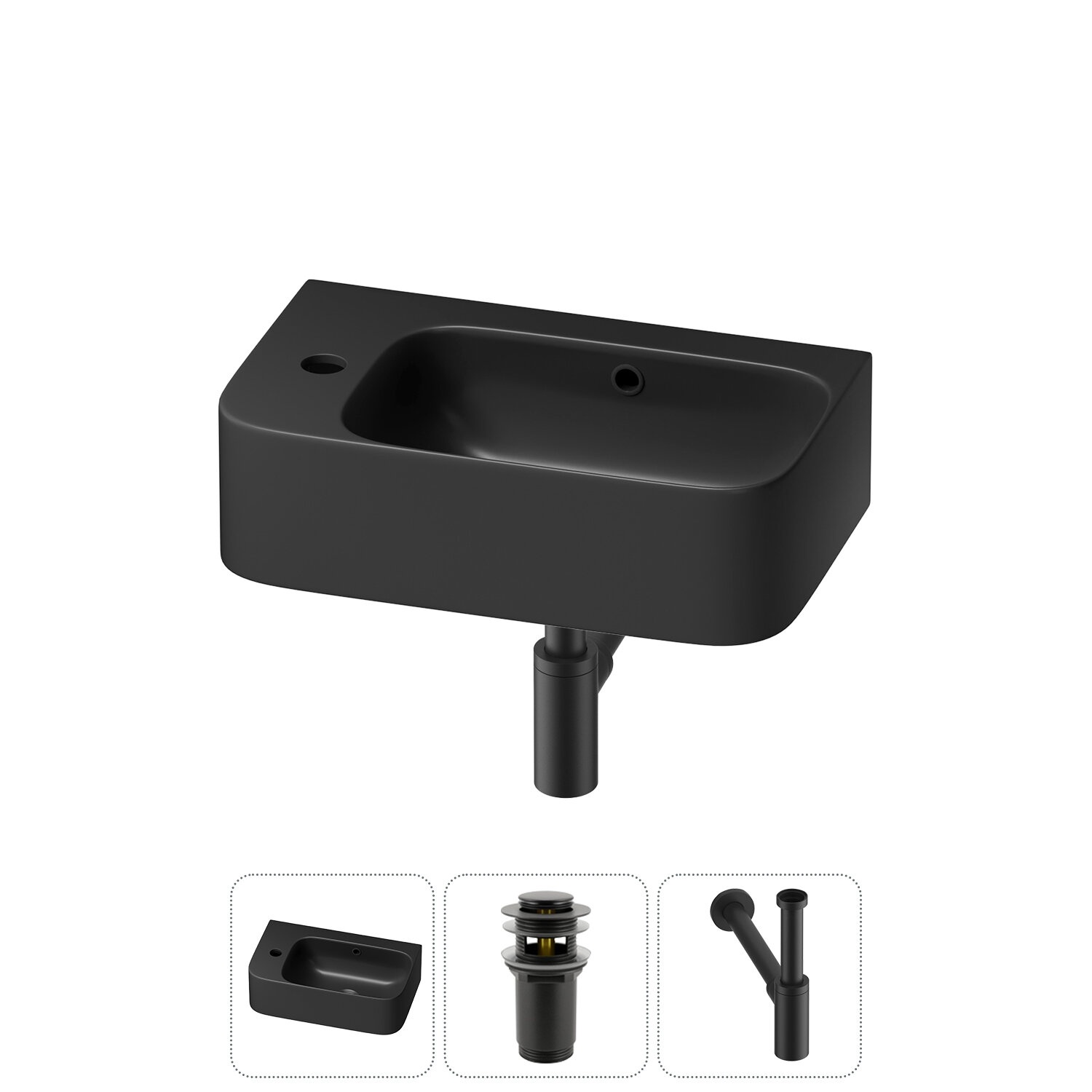 Подвесная или накладная раковина в ванную комнату Lavinia Boho Bathroom Sink 20216489R в наборе 3 в 1: раковина 45 см в цвете матовый черный, донный клапан, сифон