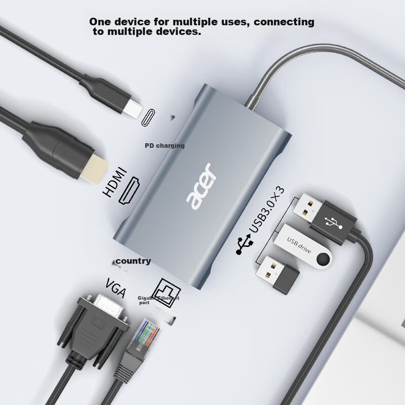Acer Type-C 7-In Expansion Dock USB Hub HDMI/VGA/10 Gigabit Ethernet Port Compatible with Laptops, Apple, Huawei Adapter Converter