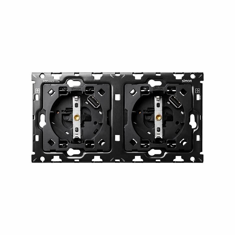 Simon 100 Кит 2 поста механизм 2 розетки Schuko с з/у USB SC 2.1А + суппорт, 10010211-039