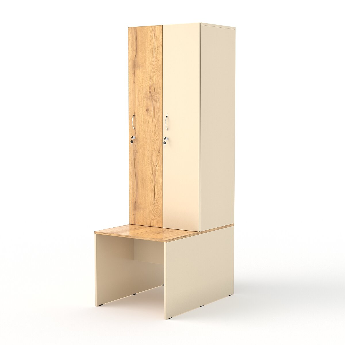 Шкаф для раздевалок "тренер" №1Б со скамейкой, Крем Вайс и Дуб Золотистый
