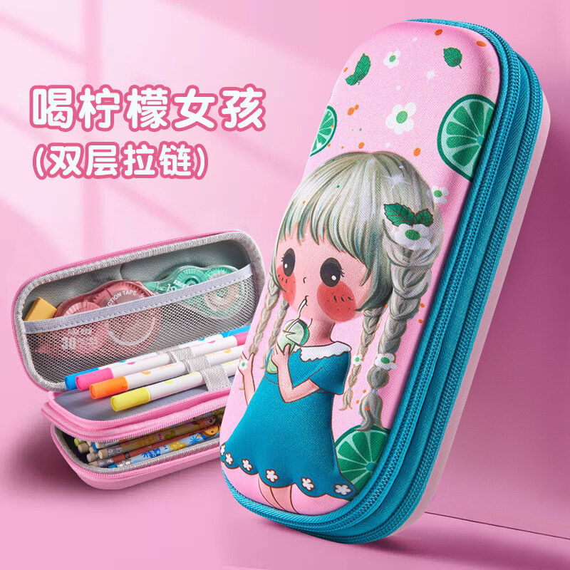 Пенал для карандашей "Пьющая Лимонная Девушка", 3D, двухслойный, для начальной школы