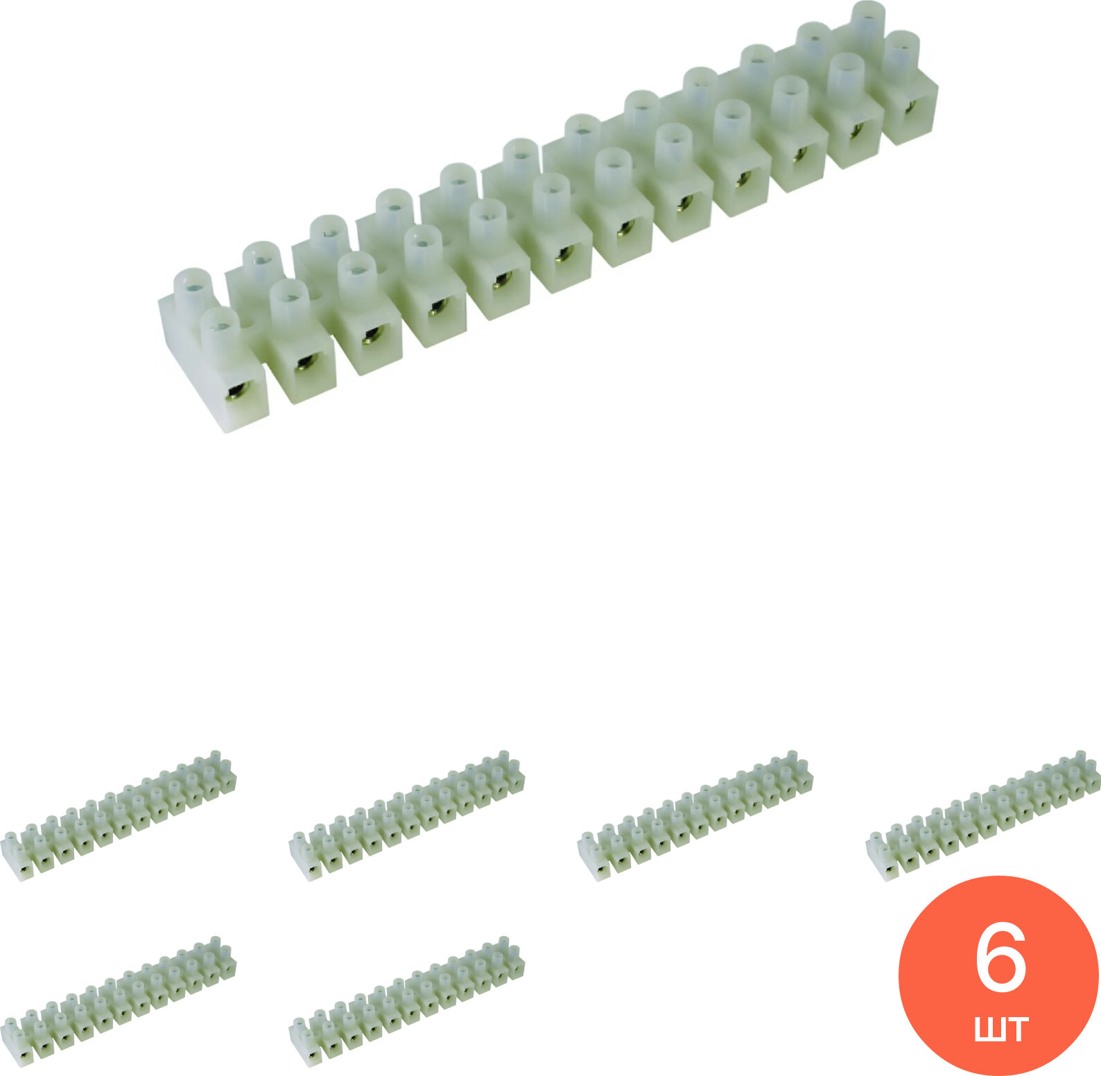 Клеммная колодка DKC / ДКС винтовая, в корпусе из полипропилена с рабочей температурой 85℃ белая, 12 пар, сечение 6мм2, 41А, 450В / электрика (комплект из 6 шт)