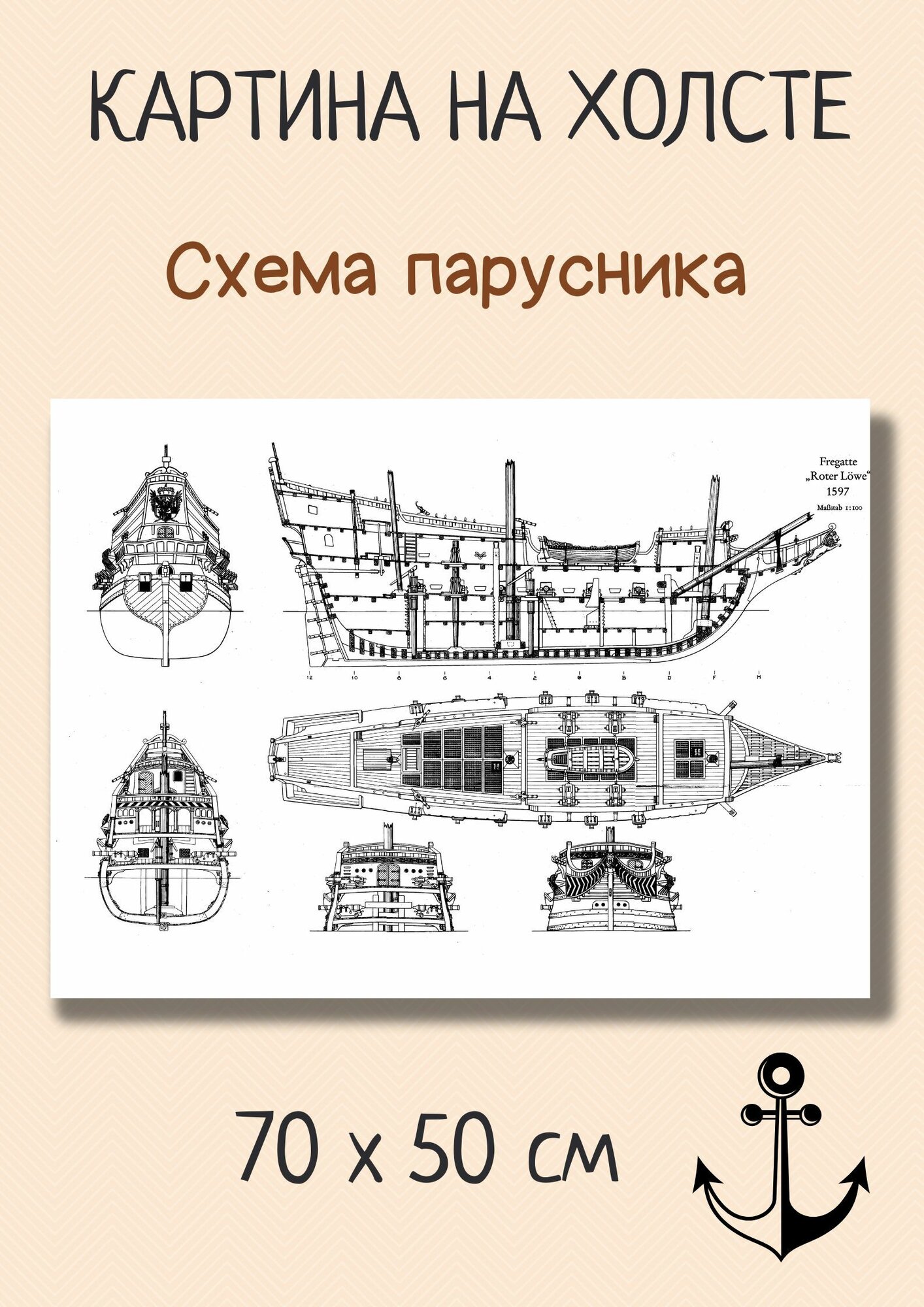 Картина со схемой в кораблей "Фрегат Roter Lowe 1597" 70х50 с обозначениями