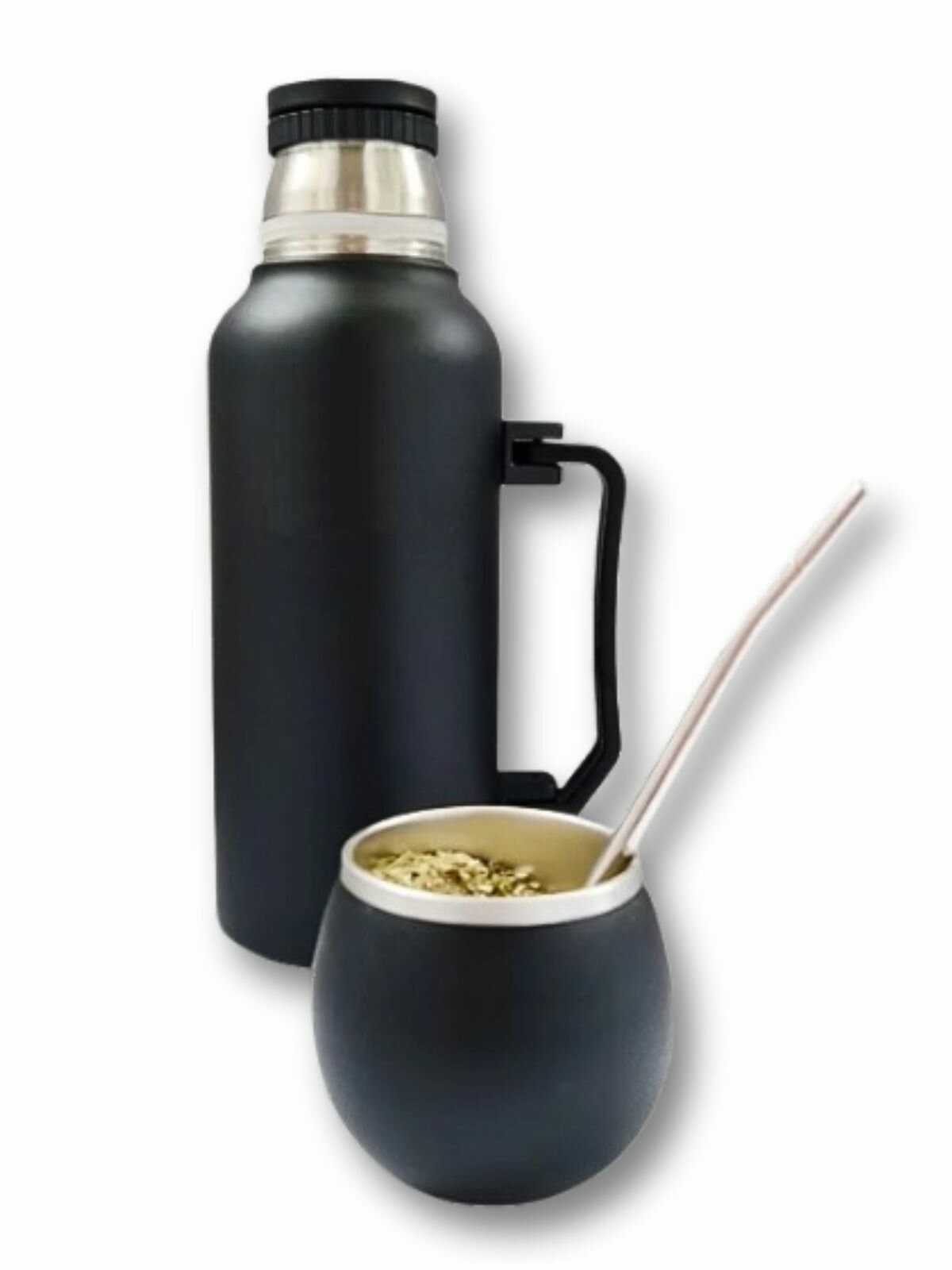 Набор для мате 3-в-1: термос, калабас и бомбилья; термокружка из нержавеющей стали с двойными стенками, 1200 мл, черный