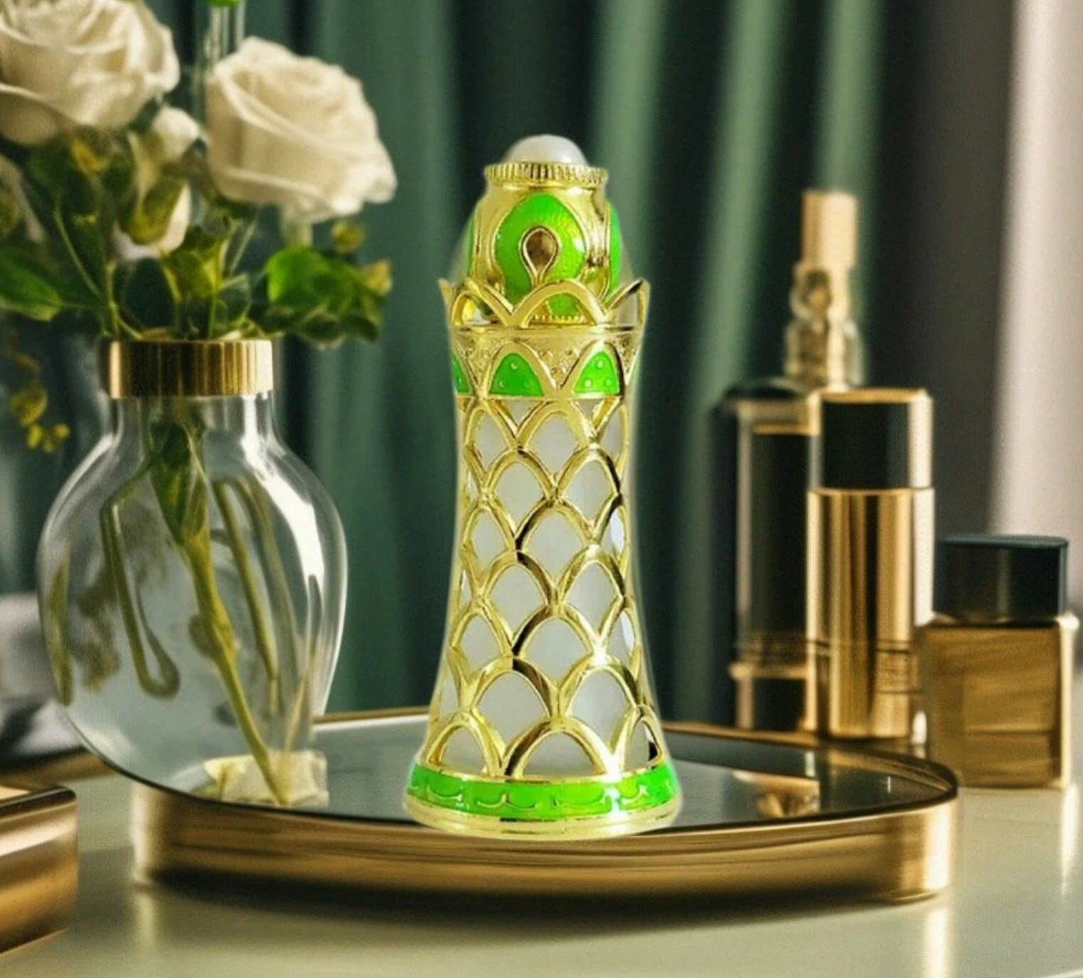 Флакон для масляных духов Бутон -20мл, металл, стекло, цвет: золотой, зеленый