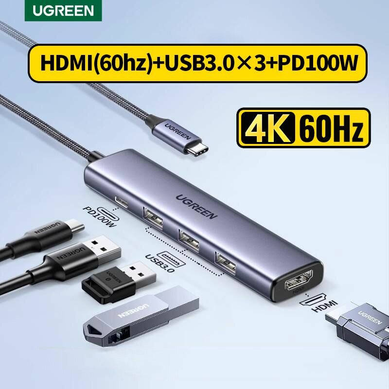USB-Концентратор UGREEN 5-in-1 (15597),4K(60HZ)HDMI, USB 3.0, PD 100W Hub