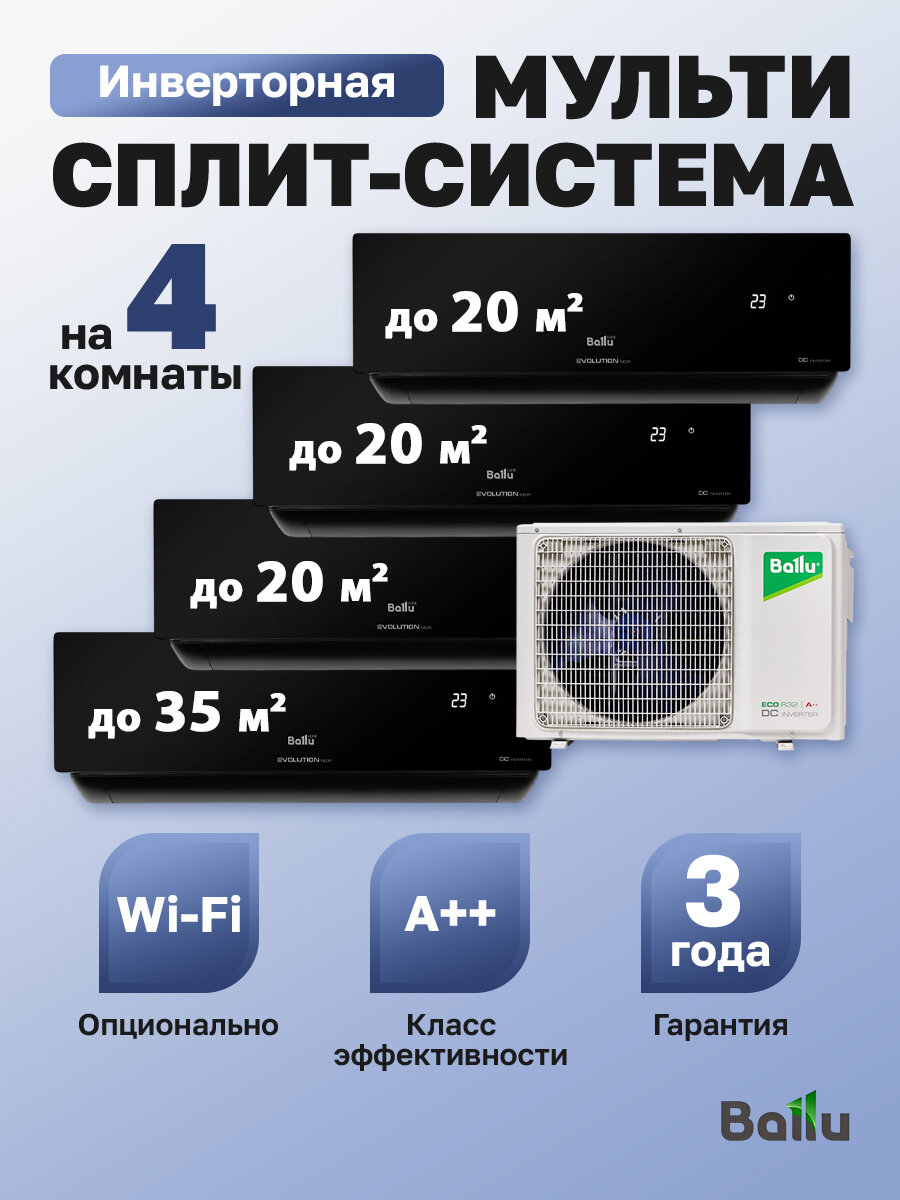 Mульти сплит-система на 4 комнаты 20+20+20+35м2 инвертор Ballu Free Match BA4OI-FM-36HN8/EU + 3 BSUI-FM-07HN8/EU_BL + BSUI-FM-12HN8/EU_BL