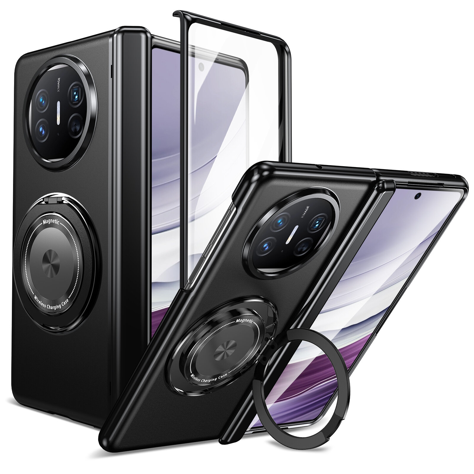Чехол для Huawei Mate X3, глянцевая поверхность, металл, пластик, защита камеры, ударопрочный, встроенная подставка, Huawei, Huawei Mate X3, чехол-кардиомонитор, black