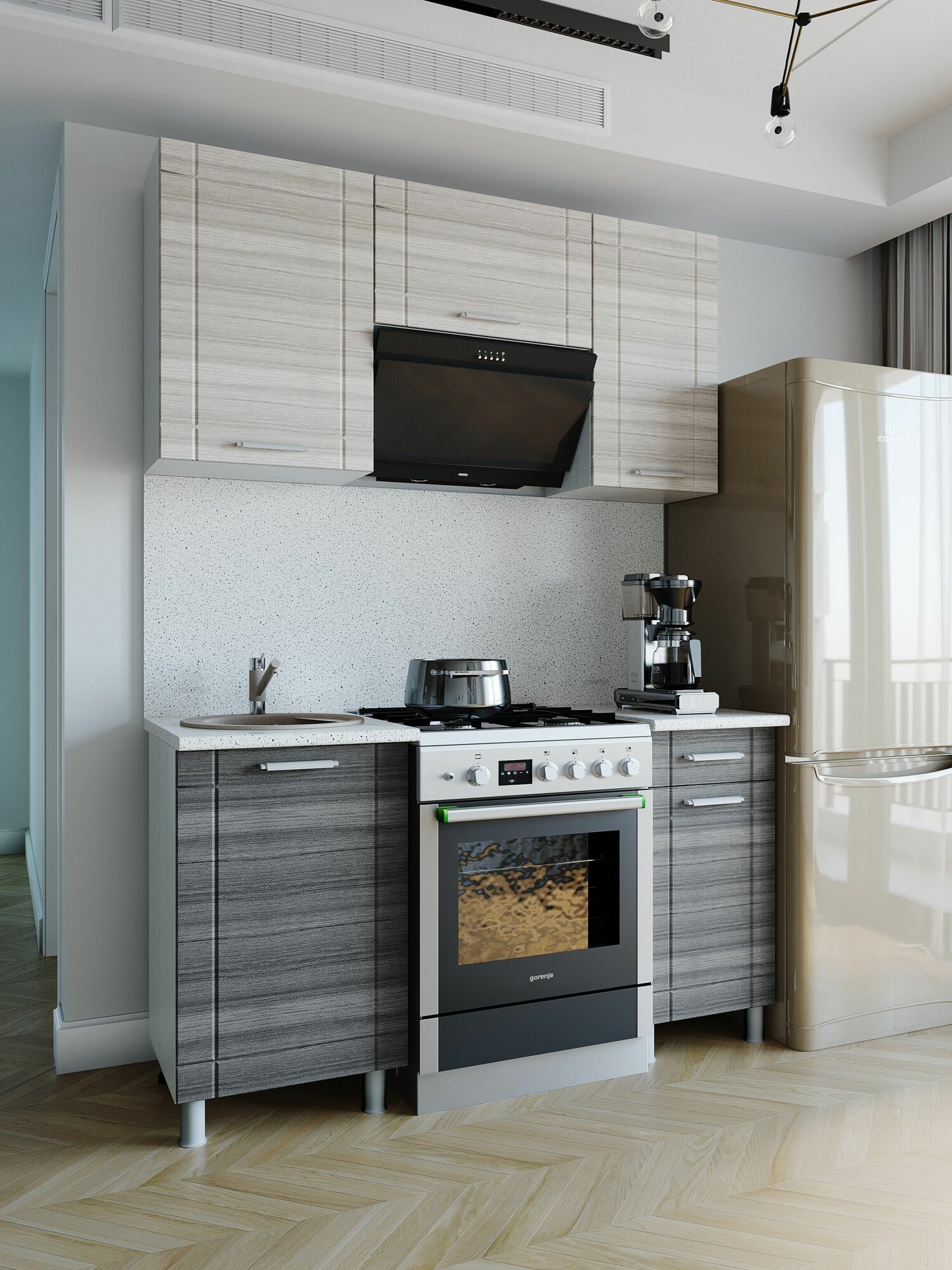 Кухонный гарнитур с окапом Бомбей МДФ 1,5м сандал белый/сандал серый без столешницы