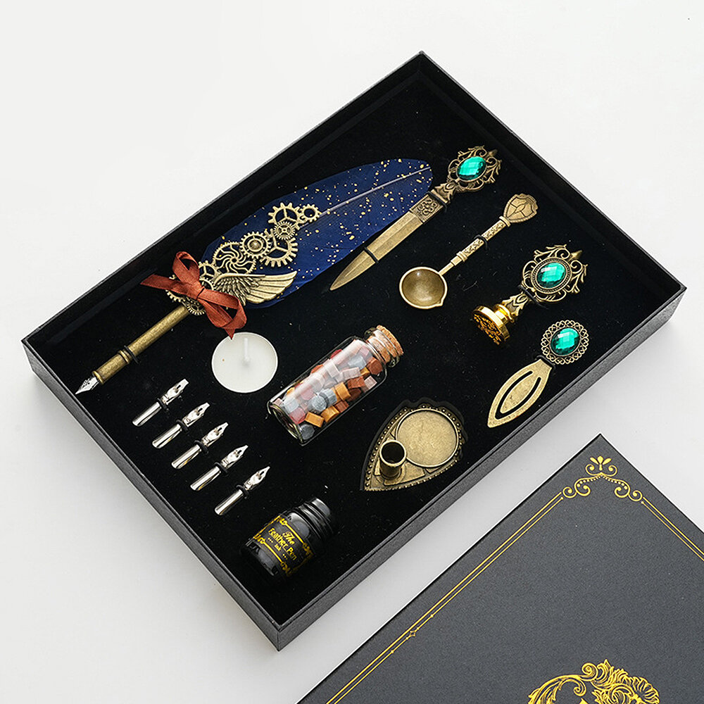 Винтажный перо ручка и чернила. Необычная металлическая перо перо с передачей декоративное с базой с ручкой/10 мл чернил/восковые бусы/замены с ножом день рождения Идеальное подпись Стабильный подарок для детей -студентов