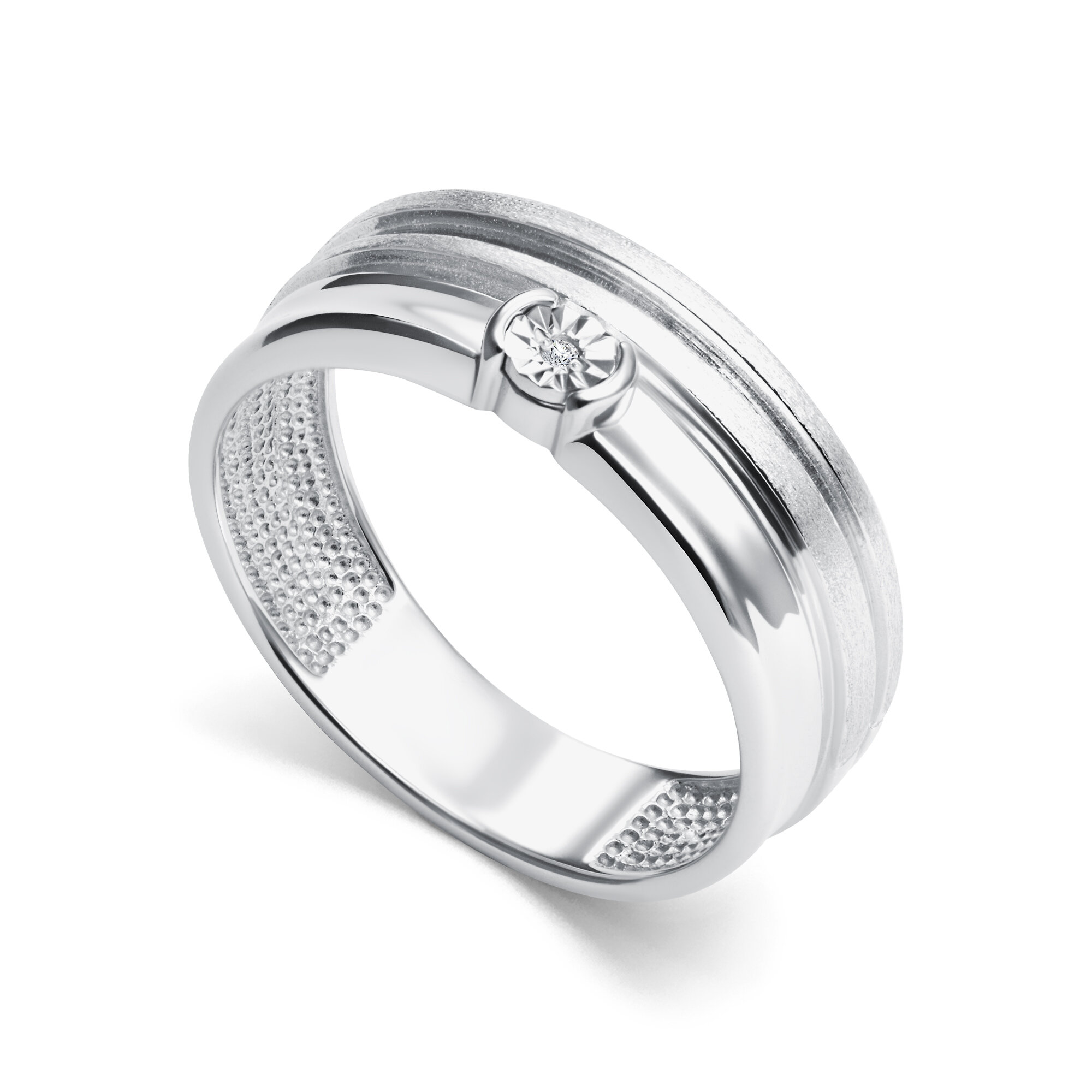 Кольцо широкое, серебро, 925 проба, родирование, бриллиант