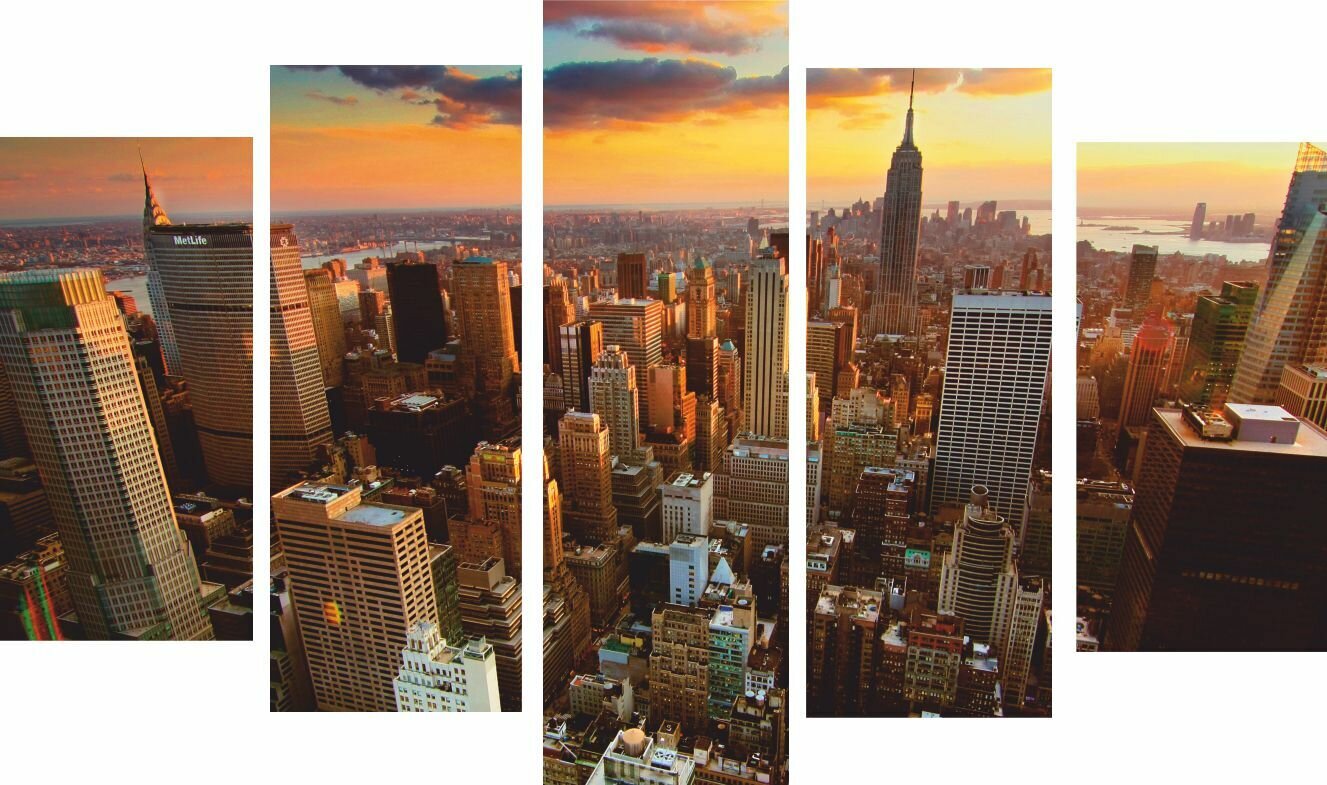 Модульная картина на стену для интерьера из 5 модулей "Закат над Нью-Йорком" 140х80 см декор комнаты на подрамнике