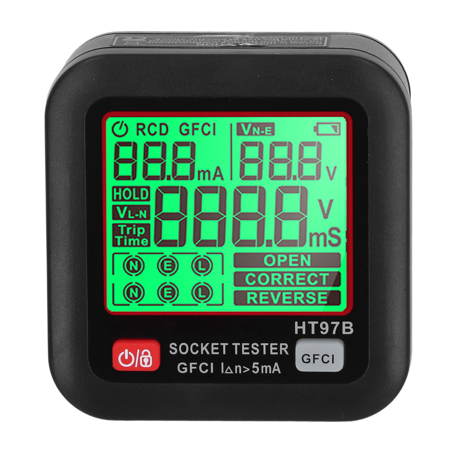 Тестер розеток с ЖК-дисплеем, проверка УЗО, 45-65Hz