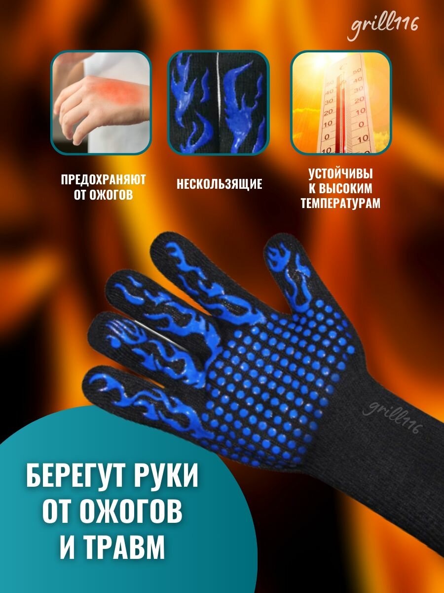 Огнеупорные перчатки для гриля, барбекю, мангала, пара 2 шт, подарочная упаковка, прихватки, синие-U7
