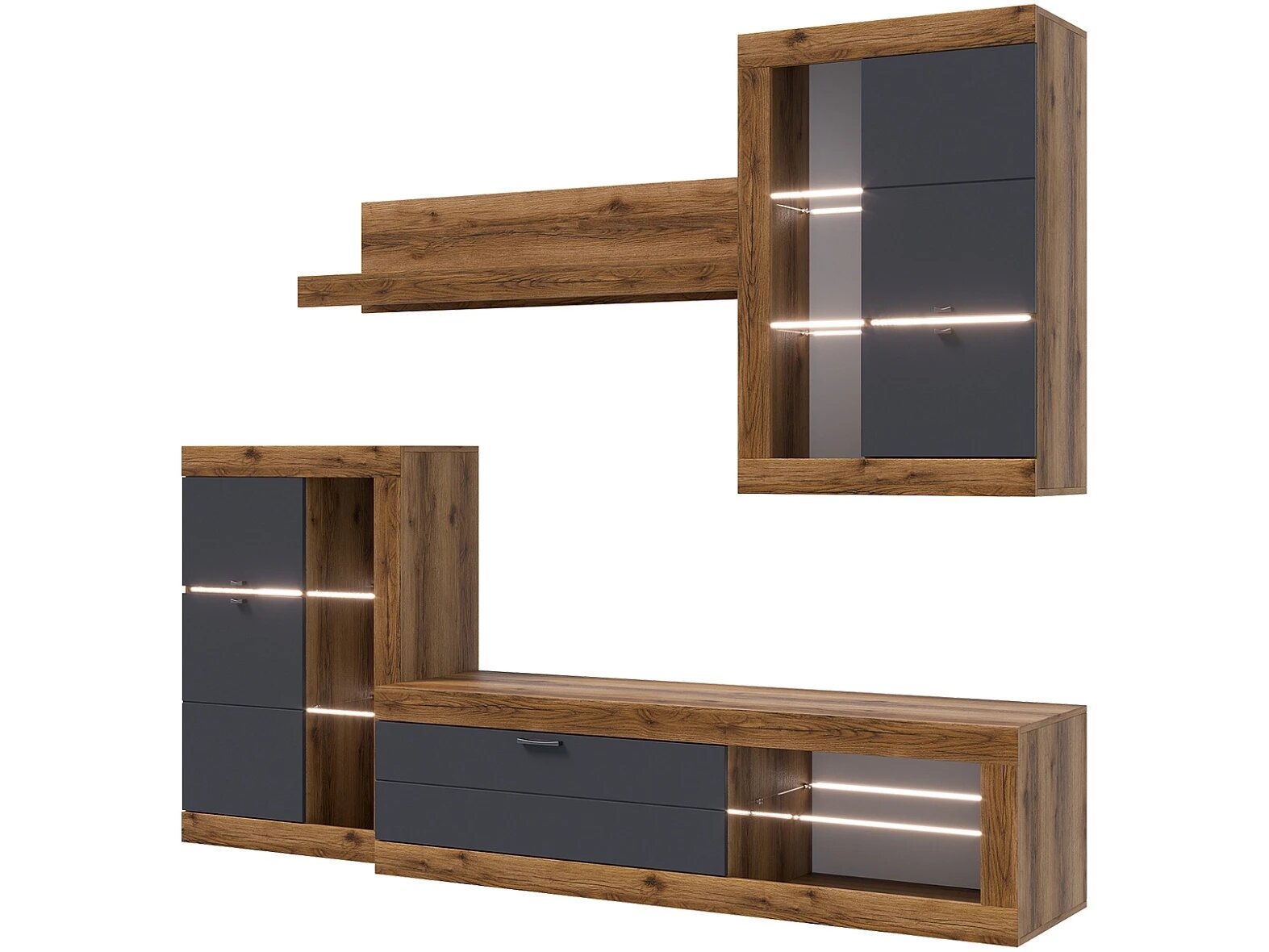 Модульная Гостиная, вариант №1, с подсветкой, Дуб Делано/Графит