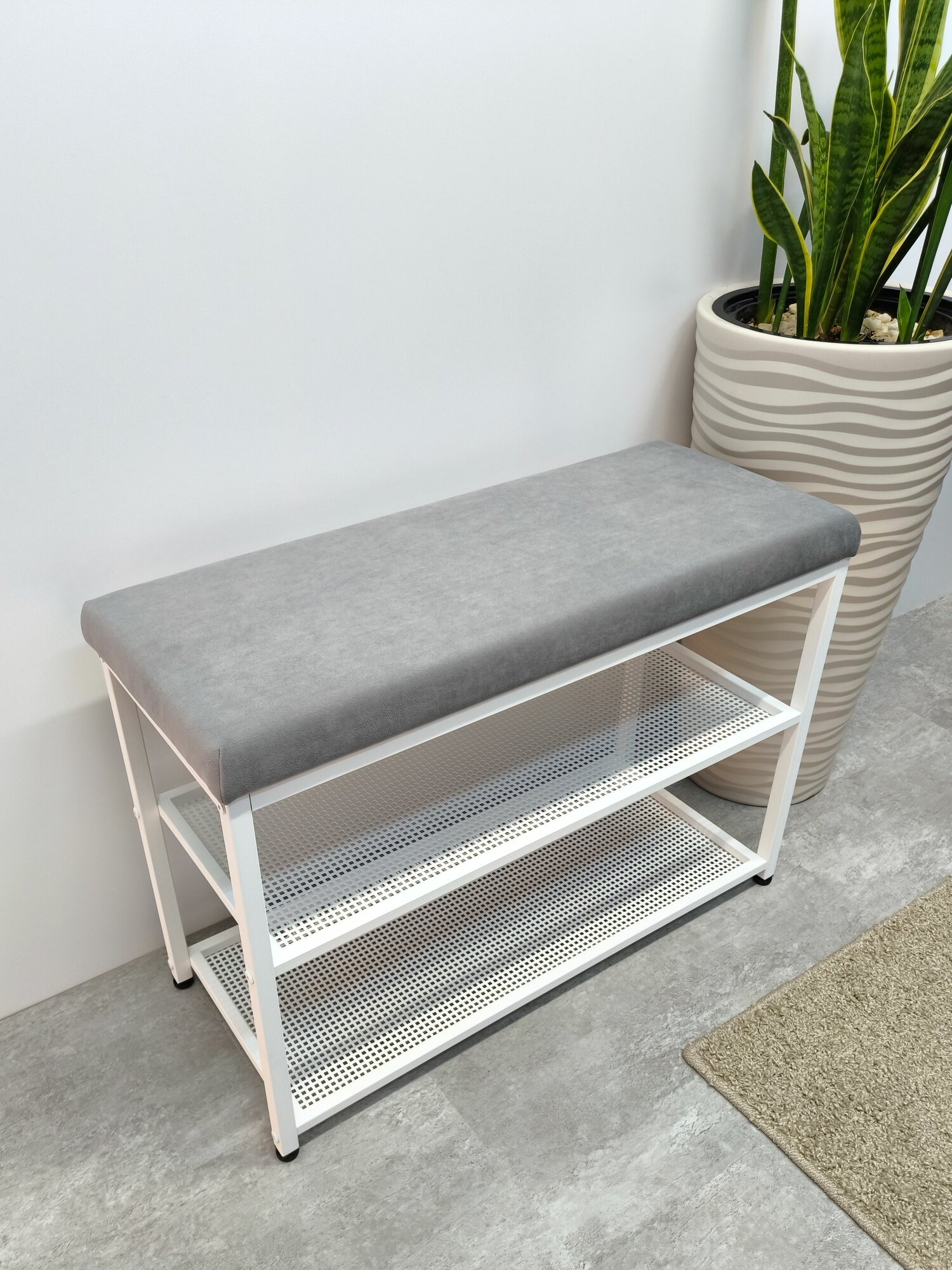 Обувница для прихожей "Дия" 2 полки / 51х31х53см / белый каркас - серый велюр