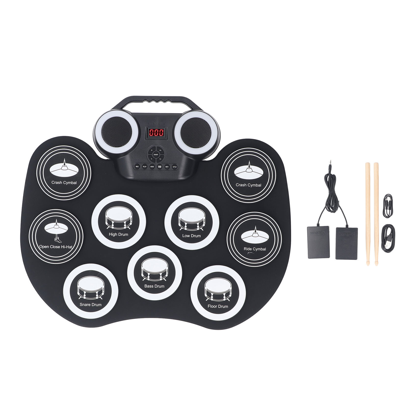 Электронная барабанная установка, портативное освещение, электронный сворачивающийся барабанный коврик для практики, скрученный вручную электронный барабан с динамиком для детей, белый