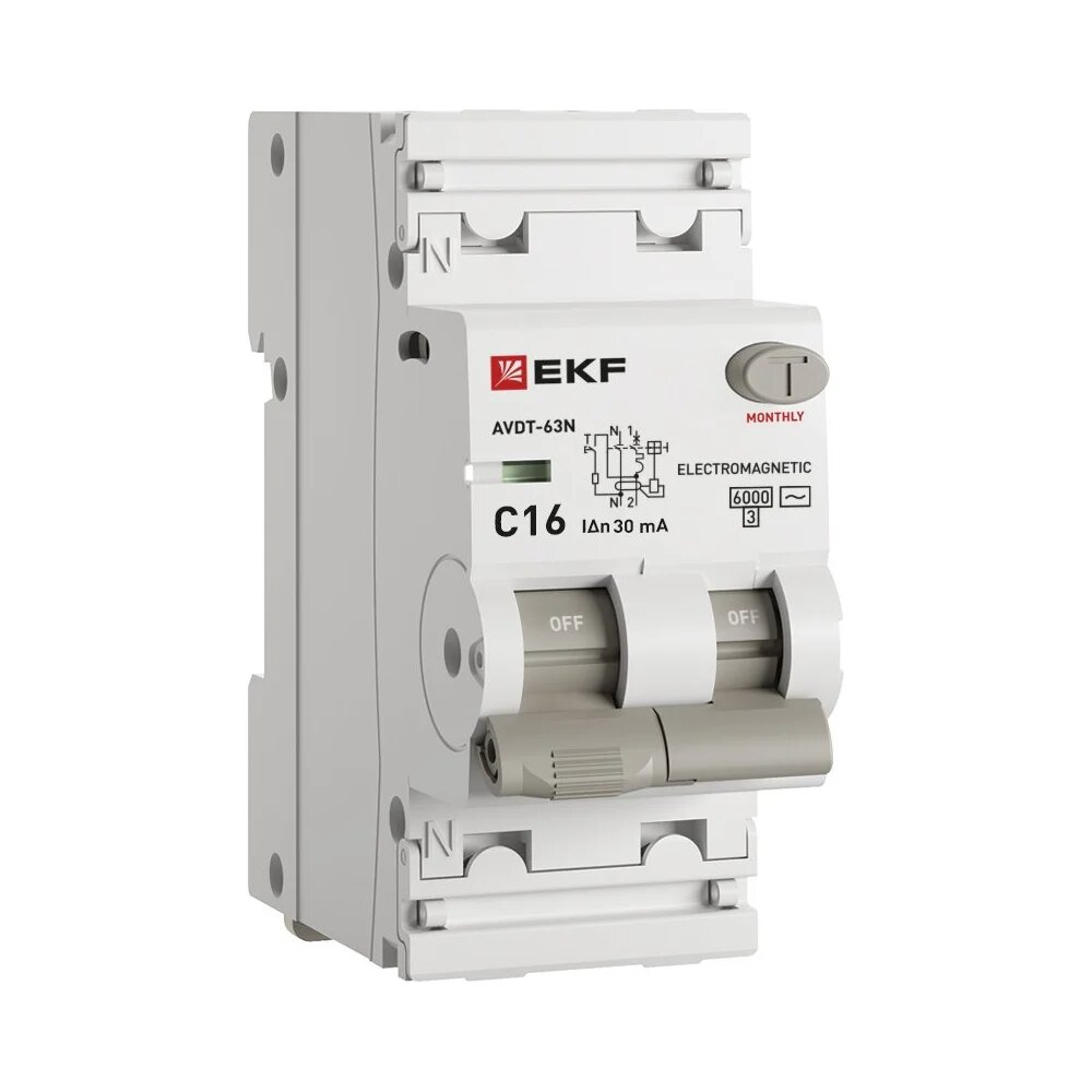 Автоматический выключатель дифференциального тока EKF АВДТ-63N 1P+N 16А 30мА характеристика C тип AC электромеханический 6кА PROXIMA D63N26M16C30