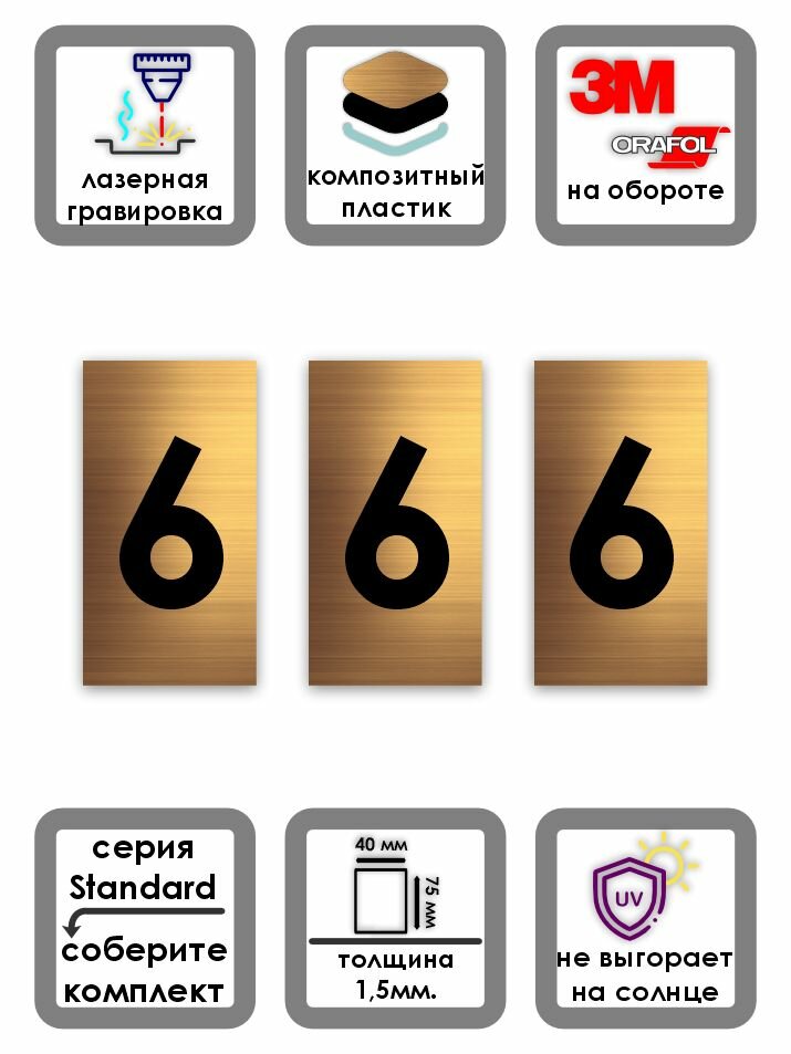 Цифры на дверь квартиры или офис самоклеящиеся Standard Золото, набор 6