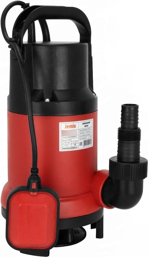 Фекальный насос Jemix / Джемикс ФН-250-9 погружной, с поплавковым выключателем, в корпусе из пластика, красный, 250л/мин, глубина 8м, напор 9м, 900Вт / дом и сад
