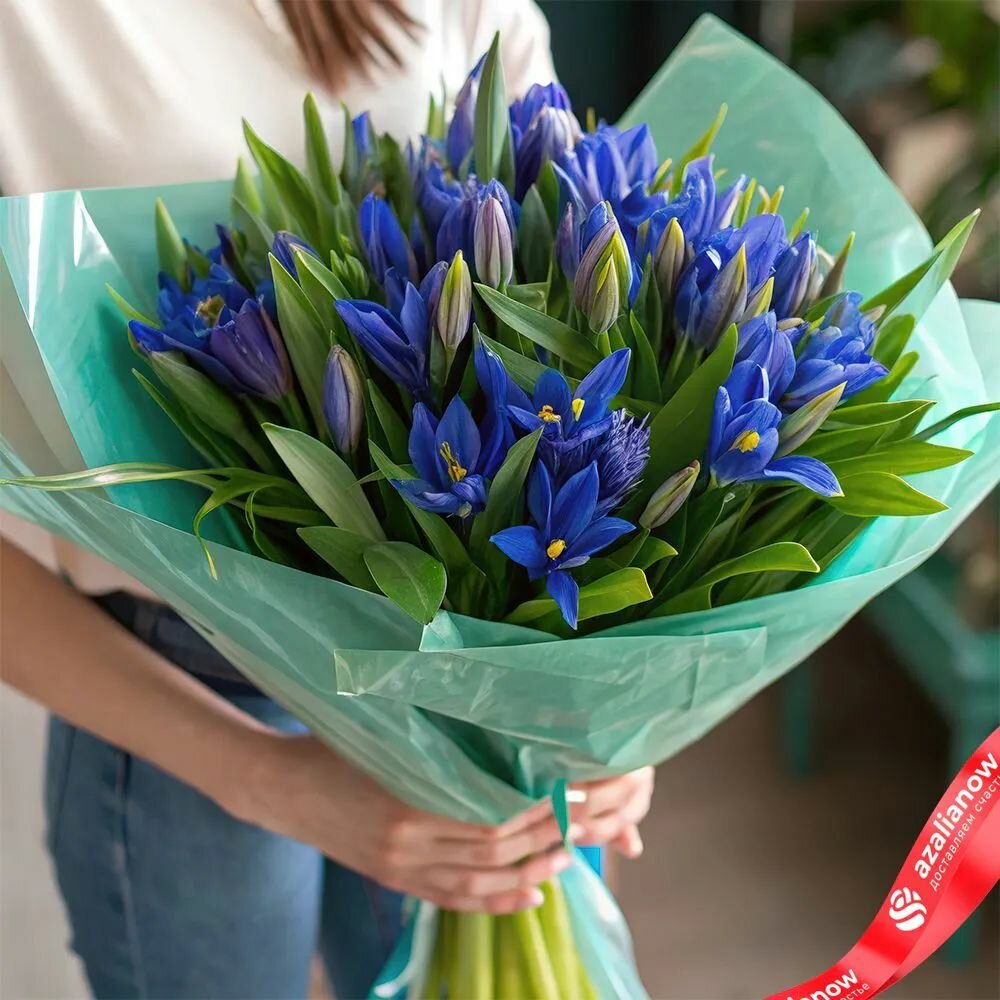 Букет из 35 ирисов в зеленой пленке с атласной лентой от АзалияНау