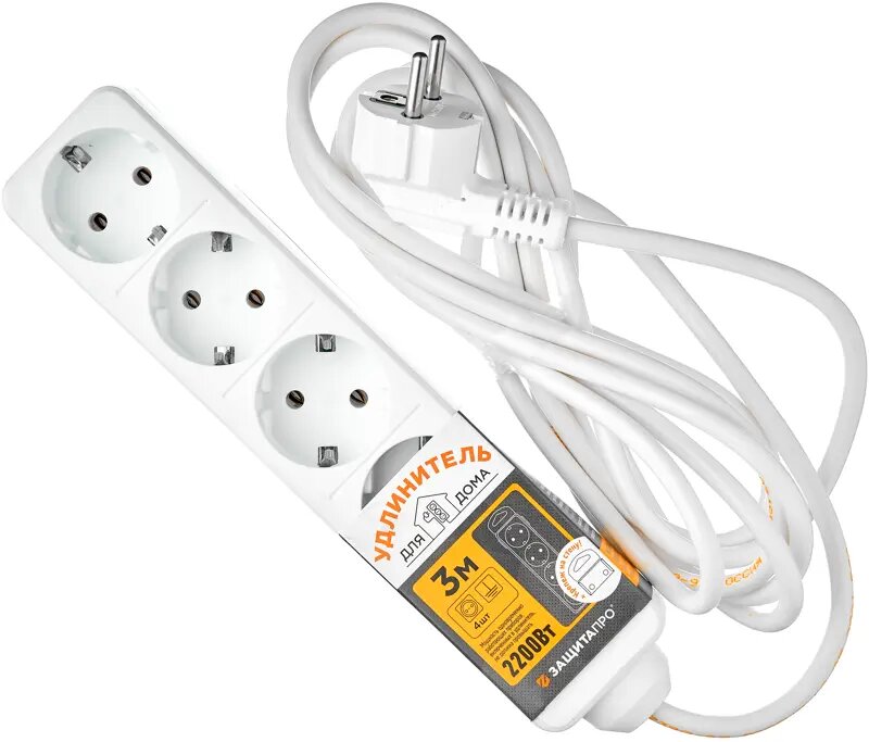 Удлинитель бытовой Защита Про 4 розетки с заземлением 3x0.75 мм 3 м 2200 Вт цвет белый