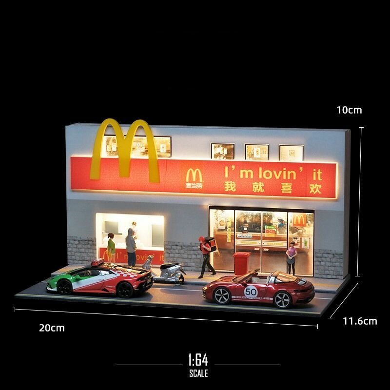 Реальный 1:64 миниатюрный Макдональдс, круглосуточный магазин 711, модель сцены здания супермаркета, уличная сцена на автостоянке