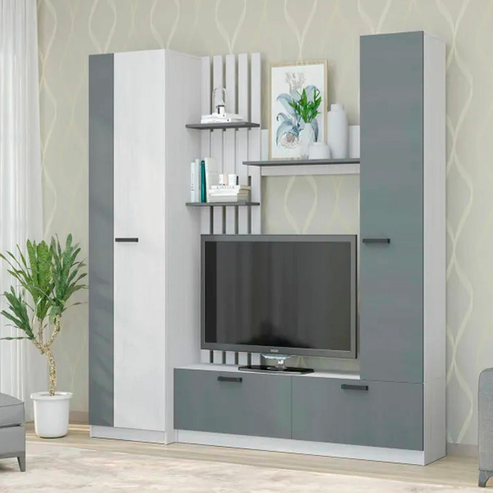 Cтенка в гостиную "Юджи", ширина 230 см, Цвет Анкор Светлый / Графит под телевизор, со шкафом, напольная, горка в гостиную, в зал, тв зона