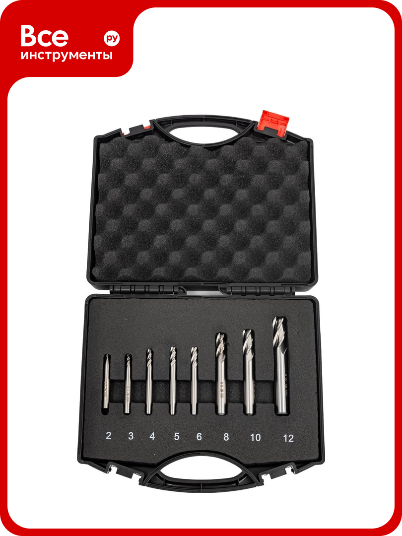 Комплект фрез HSS, 4-х перые, 8 шт (2, 3, 4, 5, 6, 8, 10, 12 мм) технореал МА400053010, из комплекта, каждой операции