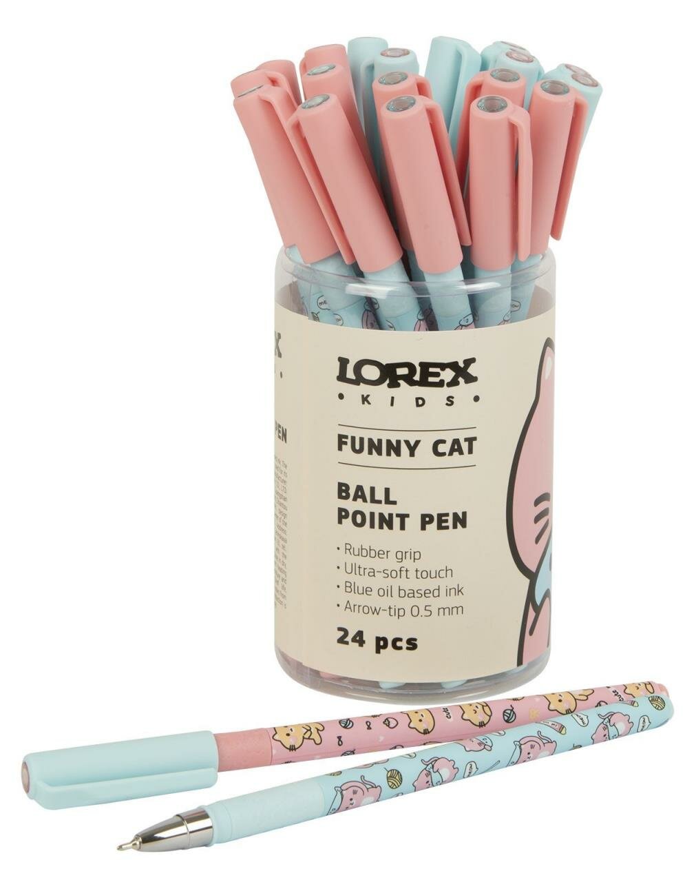 Ручка 1 шт масляная LOREX KIDS FUNNY CAT Slim Soft Grip синяя 0,5 мм, ассорти круглый корпус, покрытие ult