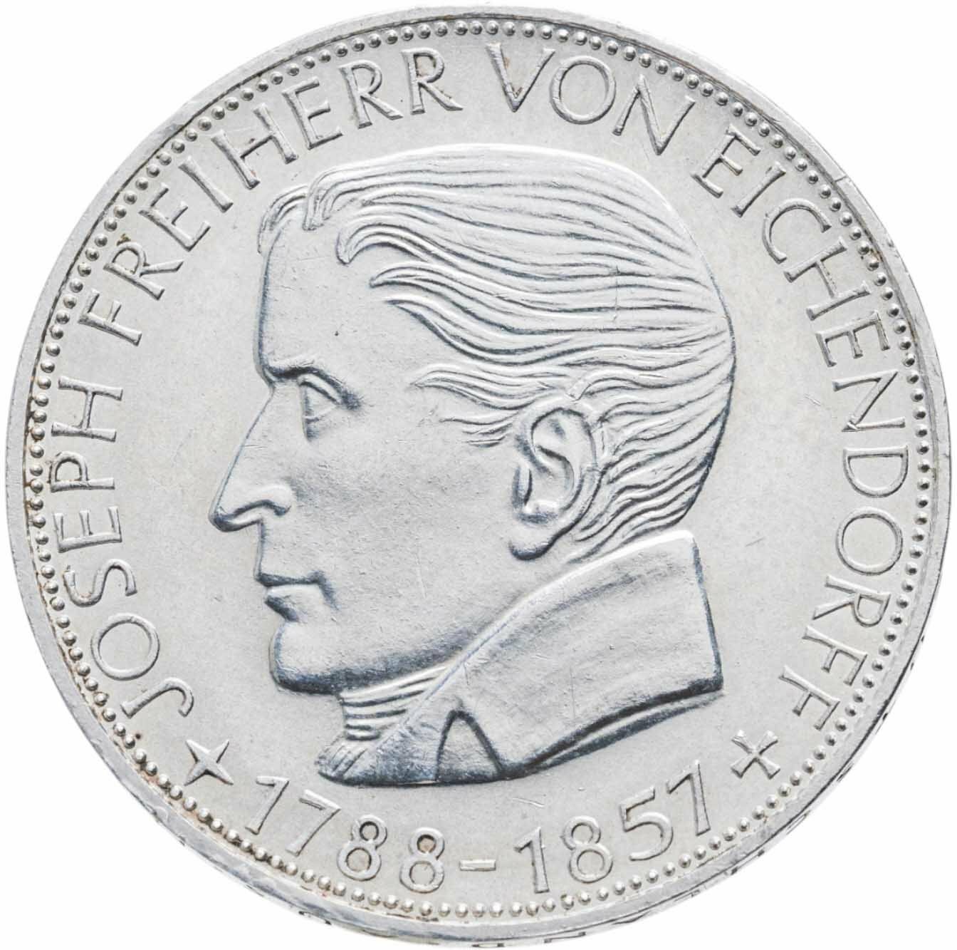 Германия 5 марок 1957 "100 лет со дня смерти Йозефа фон Эйхендорфа", Серебро 625, в сохранности UNC