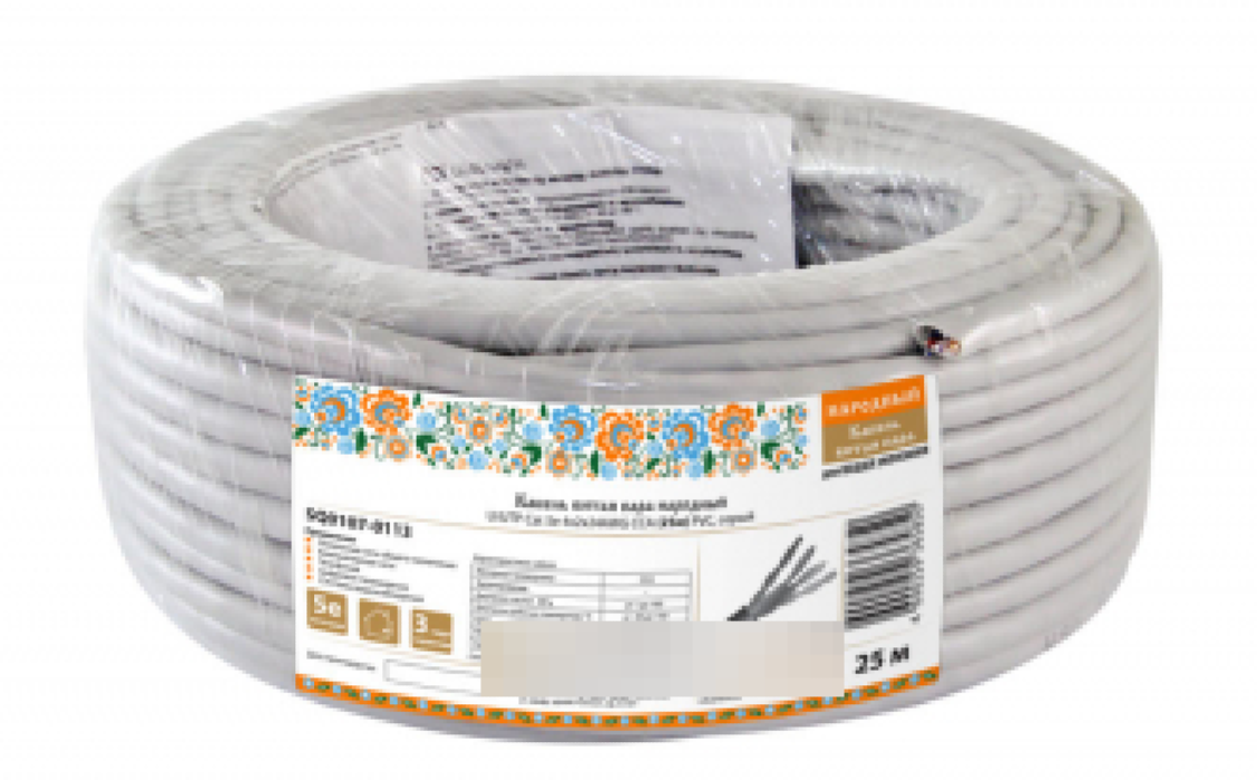 Кабель информационный TDM Electric / ТДМ Электрик Народный 24AWG, витая пара, омедненный CCA, серый, cat5e, 4 пары, 5мм, 25м / электрика