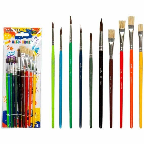Художественные кисти deVENTE "Cosmo", пони круглая №1, 2, 3, 4, 6, 10, щетина плоская №6, 8, 10, 12, деревянная ручка, 10 шт