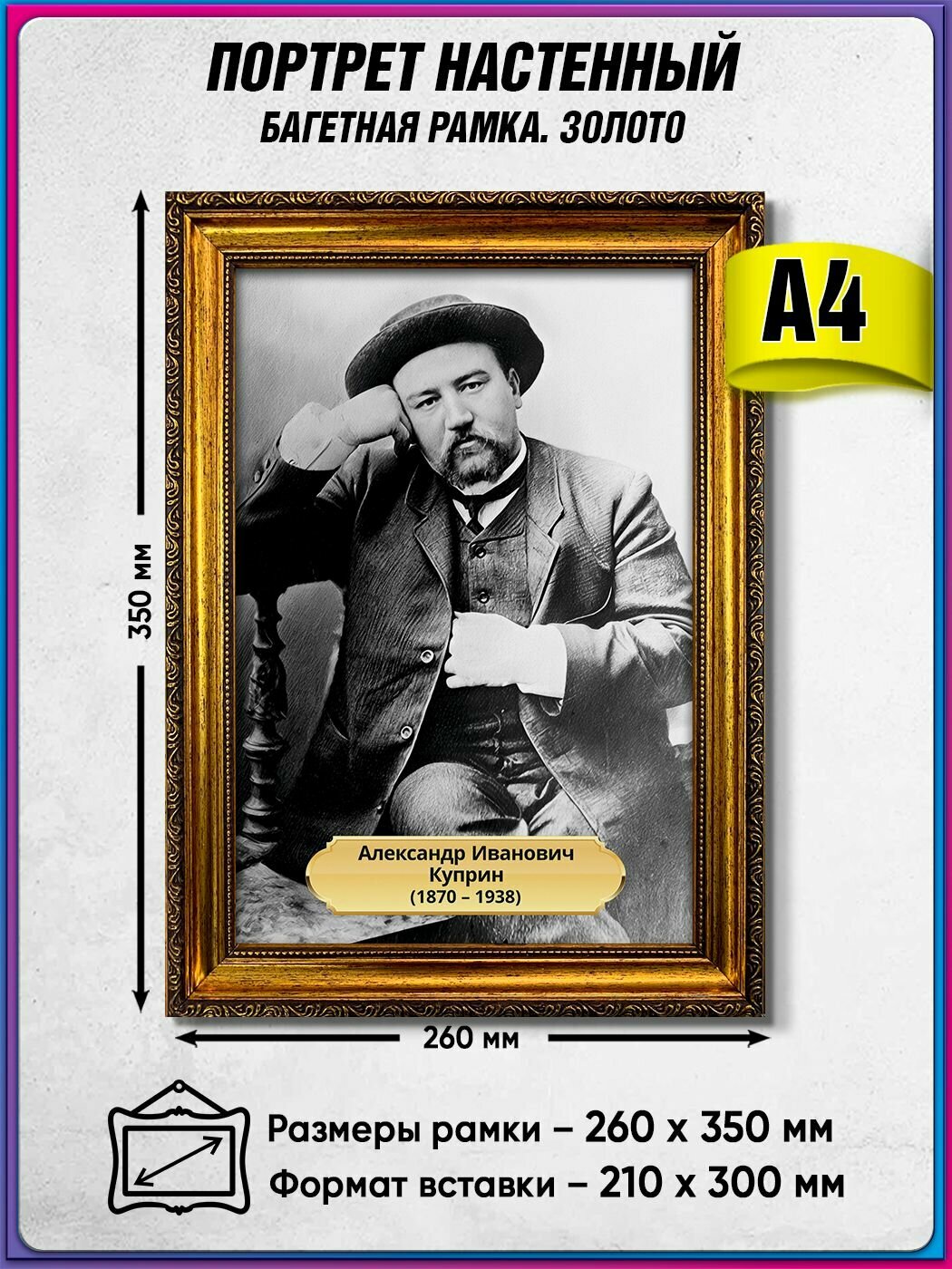 Портрет Куприн А. И. в багетной рамке под золото / А-4 (21x30 см.)