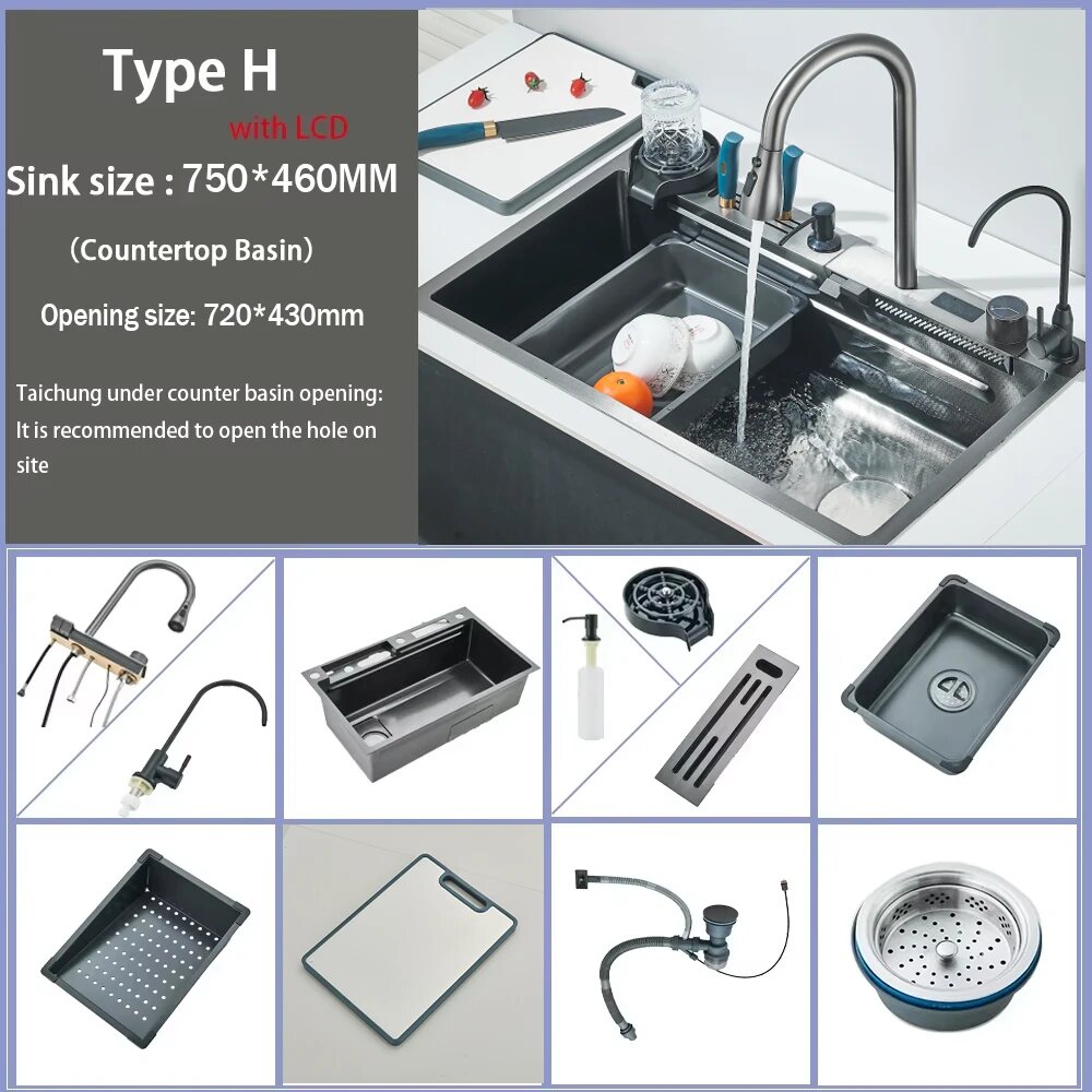 Кухонная раковина «Водопад» из нержавеющей стали 304 с цифровым дисплеем, большая раковина, раковина для раковины с многофункциональным сенсорным управлением, D2 with 2 button