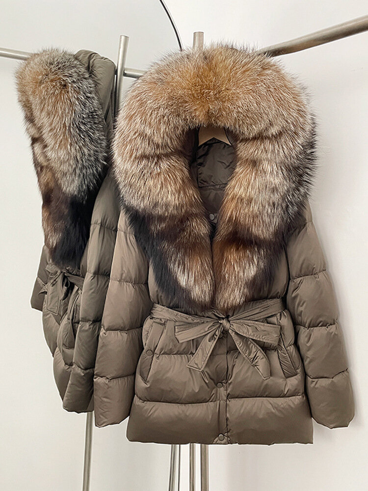 Новая осенне-зимняя куртка на гусином пуху, большой размер с натуральным мехом лисы, большой меховой воротник, утолщенная средняя длина, теплая талия для женщин.