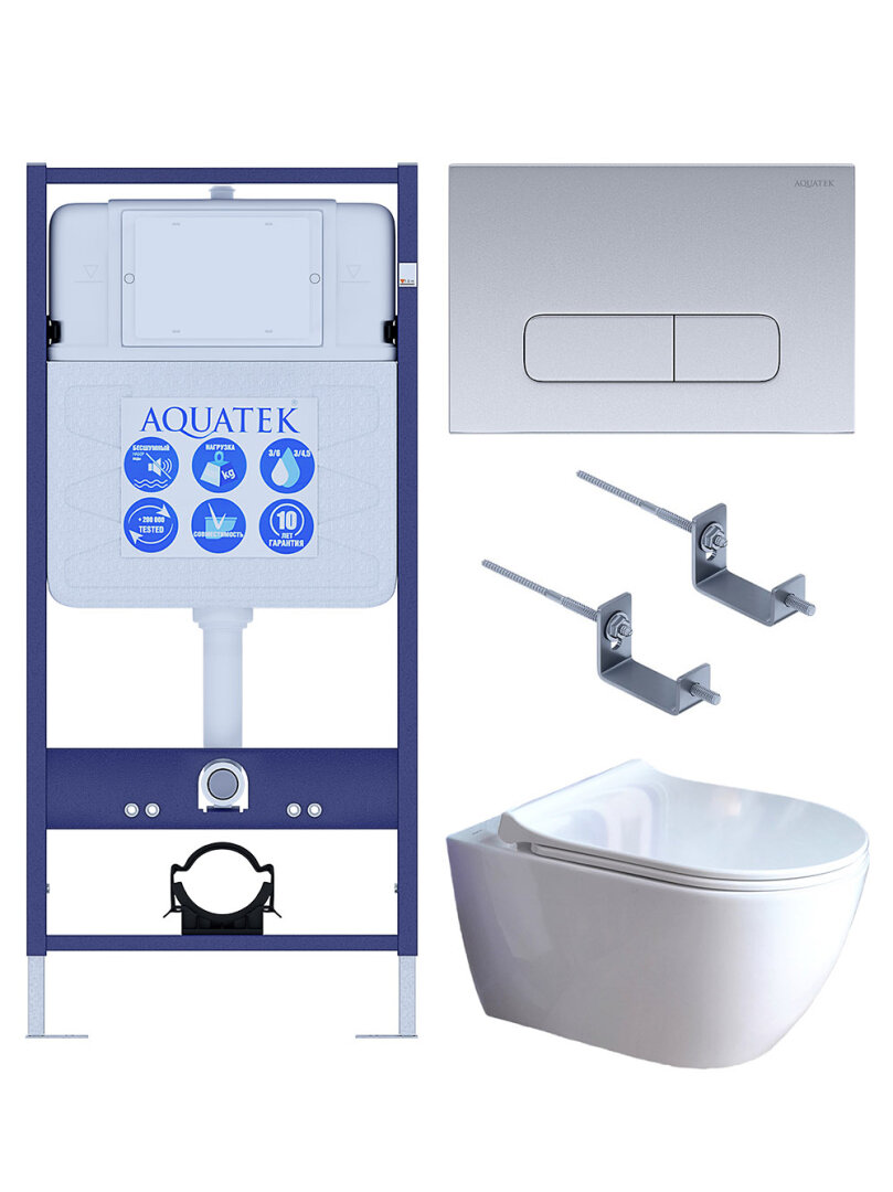 Комплект унитаз с инсталляцией, кнопкой и сиденьем микролифт Aquatek Поларис Set -01-014 4в1 безободковый