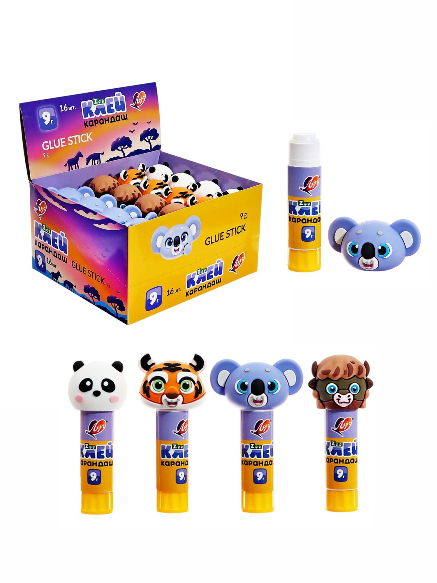 Клей-карандаш PVP Луч ZOO, фигурный колпачок, микс, 9 г