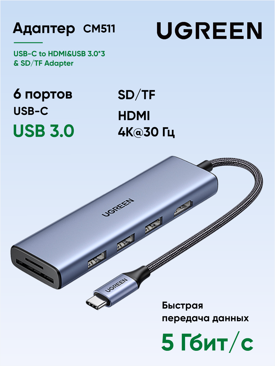 Адаптер UGREEN CM511 (20956A) Revodok 6-in-1 USB-C to HDMI&USB 3.0*3 & SD/TF Adapter. Цвет: серый