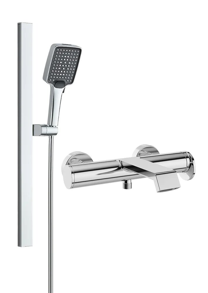 Смеситель для ванны с душем STWORKI Лерум S04100CR с душевым гарнитуром, настенный, однорычажный, хром, глянцевый, латунный, с керамическим картриджем