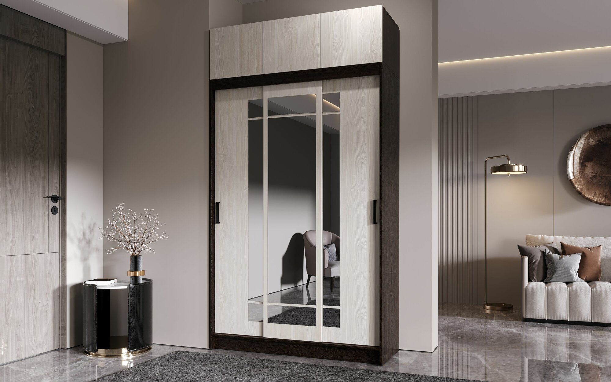 Шкаф-купе Бруно 4 Венге/Лоредо с антресолью и зеркалом ЛДСП ширина 131 см с полками в спальню и гостиную напольный 2 штанги