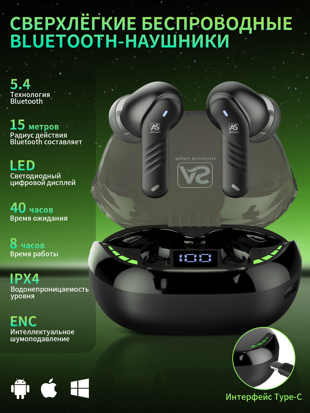 Наушники беспроводные, Наушники беспроводные блютуз с микрофоном, Hi-Fi стереозвук, Технология Bluetooth 5.4, Светодиодный цифровой дисплей